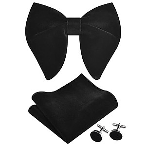 GUSLESON Solid Black Bow Ties For Men Velvet Pre-tied Bowtie and Pocket Square Cufflink Sets Adult Gifts (0571-18)