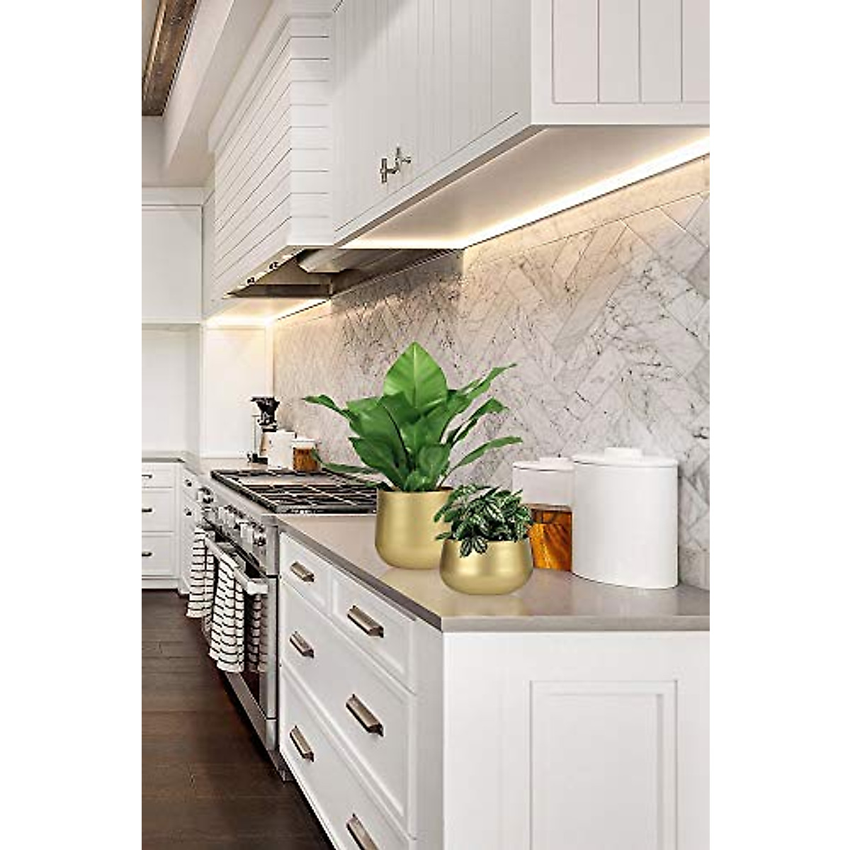 Vixdonos Gold Metal Flower Pots Brass-Toned Garden Planters, 7.1/6.3 Inch Indoor Round Succulent Containers, Pack 2 Cactus Plant Pots with Drainage Hole