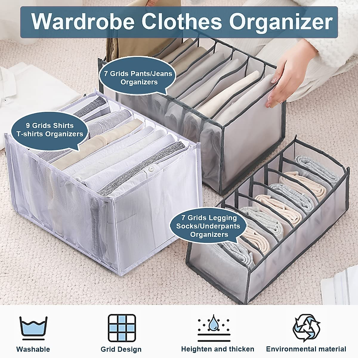 KesaPlan 3Pcs Wardrobe Clothes Organizer, 7/7/9 Grids Visible Foldable Closet Organizers, Compartment Storage Box with Mesh Separation, Washable Drawer Dividers Organizers (Pants+T-Shirt+Legging)