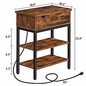 ALLOSWELL Side Table with Charging Station, Narrow Flip Top End Table with USB Ports and Outlets, Nightstand with Storage, Sofa Table for Living Room, Bedroom, Easy Assembly, Rustic Brown ETHR5601