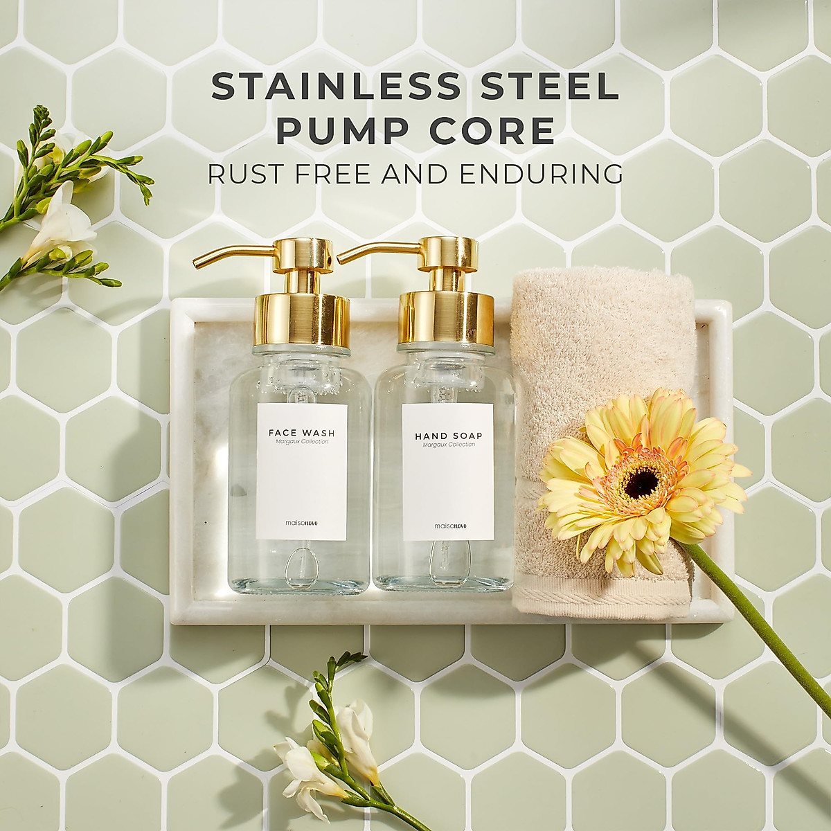 MaisoNovo Glass Foaming Soap Dispenser | Clear Glass Gold Pumps x 2 with Tray