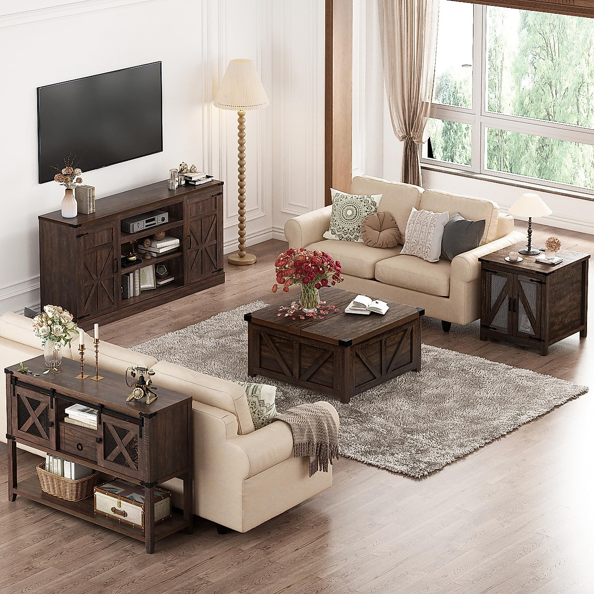 Hlivelood Farmhouse Entryway Table with 2 Sliding Barn Doors & Drawer, 46'' Rustic Console Table with Storage, Open Shelf Space, Industrial Sofa Table for Living Room, Entryway, Hallway, Brown