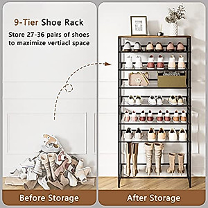 AEPOALUA Shoe Rack, 9-Tier Shoe Organizer, Tall Shoe Storage for Entryway, Closet, Garage, Large Shoe Rack Storage Organizer, Set of 2 5-Tier add 4-Tier Stackable Shoe Shelf, Industrial, Rustic Brown