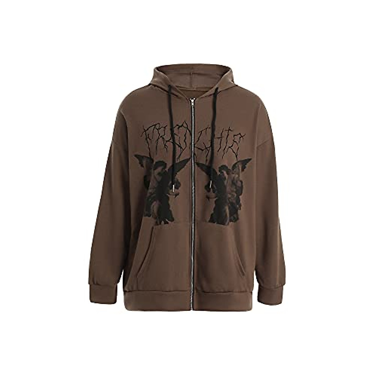 Print Zip Up Hoodie Women Men Vintage Graphic Aesthetic Sweatshirt Y2k Couple Jacket Harajuku Goth Streetwear (Coffee Angel , Large )