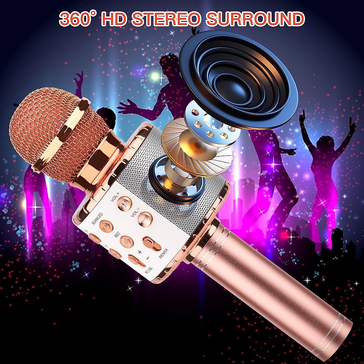 ShinePick Karaoke Microphone, 4 in 1 Wireless Microphone with LED Lights Handheld Portable Karaoke Machine, Home KTV Player, Compatible with Android & iOS Devices(Pink)