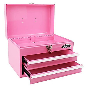 Apollo Tools 14 Inch Steel Tool Box with Deep Top Compartment and 2 Drawers in Heavy-Duty Steel With Ball Bearing Opening and Powder Coated Finish - Pink Ribbon - Pink - DT5010P