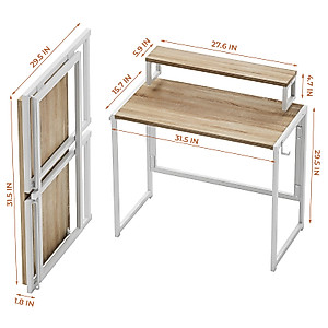 SOROGRA Small Folding Desk 31.5 Inch, Foldable Computer Desks with LED Lights and Monitor Stand, Work Portable Table for Home Office Bedroom, Oak