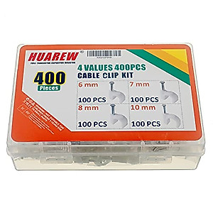 HUAREW 4 Sizes 400 Pcs White Plastic Steel Nail Cable Clips Apply to RG6 RG59 CAT5 CAT6 Ethernet/TV Wire/Telephone/Led Starlight/Print Cable Round Management Cable Wire Clips 6/7/8/10 mm