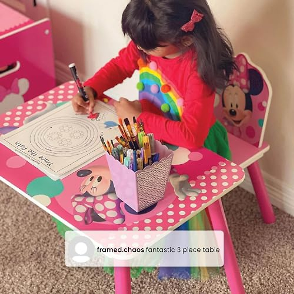 Delta Children Disney Minnie Mouse 3-Piece Toddler Playroom Set– Includes Table, Chair and Toy Box, Pink