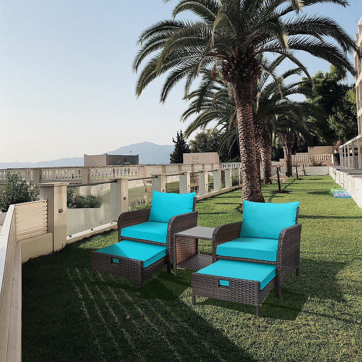 LEVELEVE Balcony Furniture 5 Piece Patio Conversation Set, PE Wicker Rattan Outdoor Lounge Chairs with Soft Cushions 2 Ottoman&Glass Table for Porch, Lawn-Brown Wicker