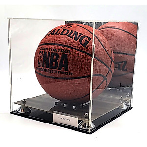 Basketball Display Case Full Size, Clear Acrylic with Mirror & 2 Level Riser UV Protection, Square Box Collectible Memorabilia