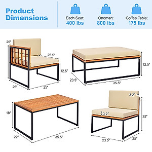 Tangkula 5 Piece Patio Furniture Set, Acacia Wood Sectional Set with Heavy-Duty Metal Frame, Comfy Seat & Back Cushions, Outdoor Wood Conversation Chair Set for Poolside, Porch, Backyard (Beige)