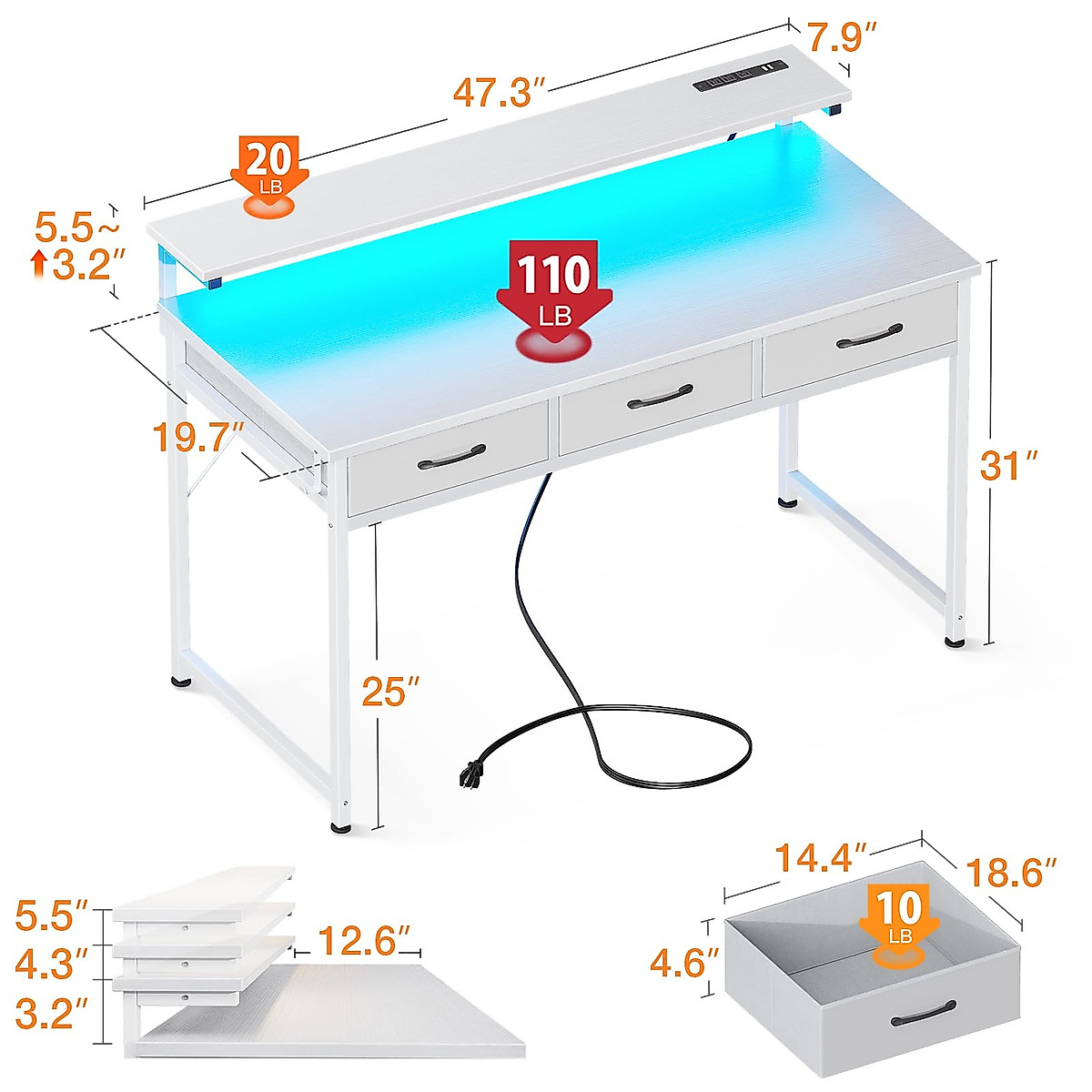 ODK 48 Inch Computer Desk with 3 Drawers and USB Power Outlets, Home Office Desks with LED Lights and Adjustable Monitor Stand, Work from Home, Modern Work/Writing/Study Table for Bedroom, White