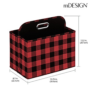 mDesign Holiday Storage Box for Gift Wrapping and Bows with Compartments and Handle - Christmas Organizer Tote for Ribbons - Divided Container for Crafts and Stationary - Buffalo Plaid, Red/Black