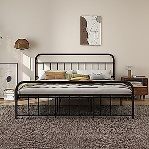 alazyhome King Bed Frame Metal Platform with Vintage Headboard and Footboard Easy Assembly No Box Spring Needed Steel Slat Support Black
