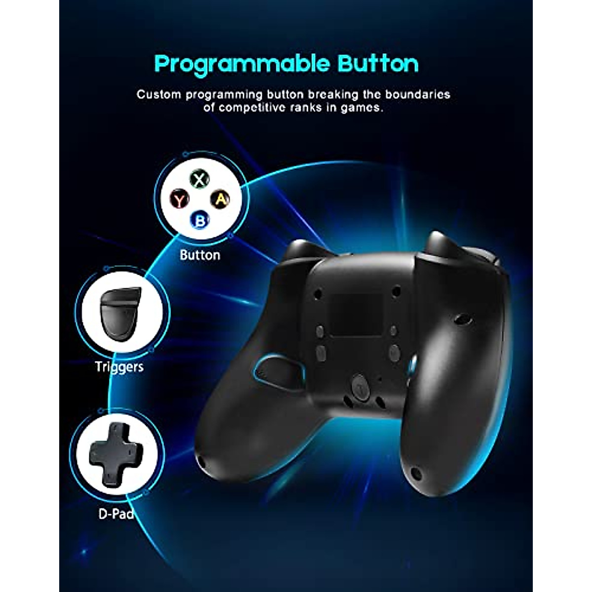 YKOEX Switch Controller, 9 LED Colors, Switch Pro Controller Compatible with Switch/Switch OLED/Switch Lite, Wireless Gamepad with Back Buttons/Programmable/Motion Control/Dual Vibration/Turbo