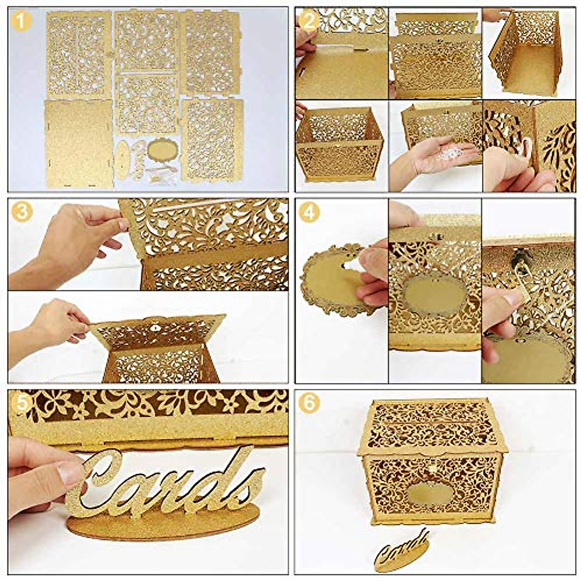 OurWarm Glittery Gold Wedding Card Box with Lock, Wood Gift Card Box Holder Money Box for Wedding Reception Birthday Party Baby Shower, Open House Celebration or Graduation Party Decorations