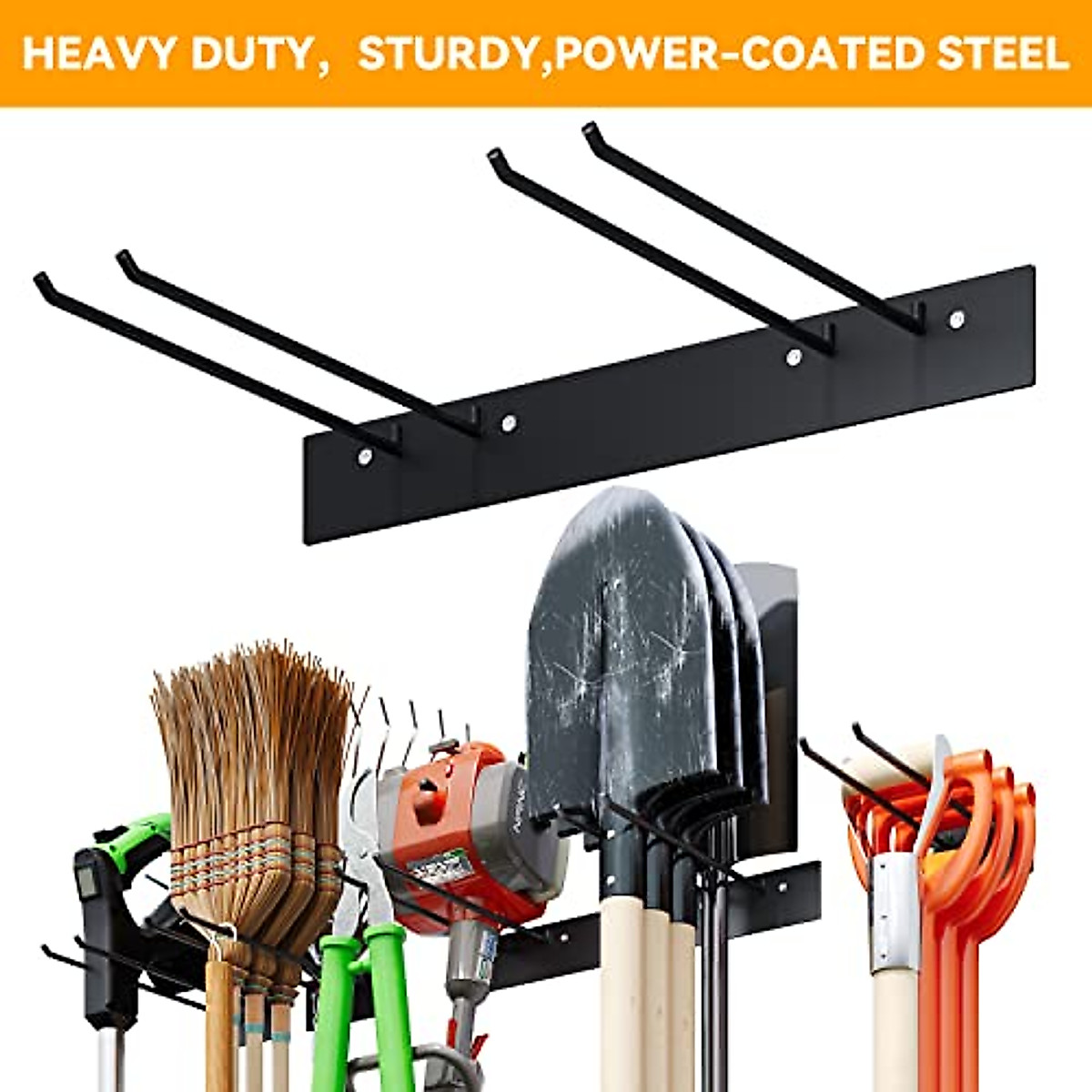 WIDEWHEEL Tool storage rack, garage wall mounted (with 6 hooks), heavy garden tool rack, can withstand 350 pounds, and can place brooms, mops, shovels, trimmers, water pipes, chairs, and More