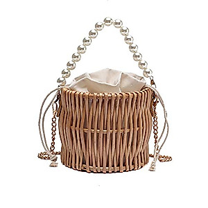 Pearl Hand Woven Handbag Straw Woven Rattan Crossbody Bag Vintga Bamboo Handbag, Handmade Tote Bamboo Purse, Straw Beach Bag For Women Or Girl