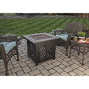 Endless Summer 30 Inch Square 30,000 BTU LP Gas Outdoor Firepit Table with Slate Tile Mantel, Diamond Design Steel Base, Lava Rock, and Cover, Brown