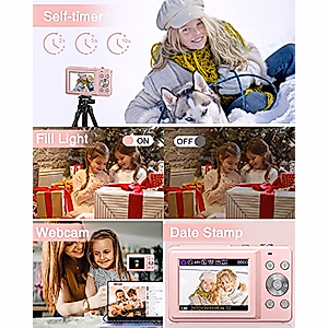 Digital Camera for Kids, Lecran 1080P 44MP Kids Camera with 32GB Card Point and Shoot Camera with 16X Zoom, Compact Portable Cameras Christmas Birthday Gift for Children Kids Teens Girl Boy(Pink)