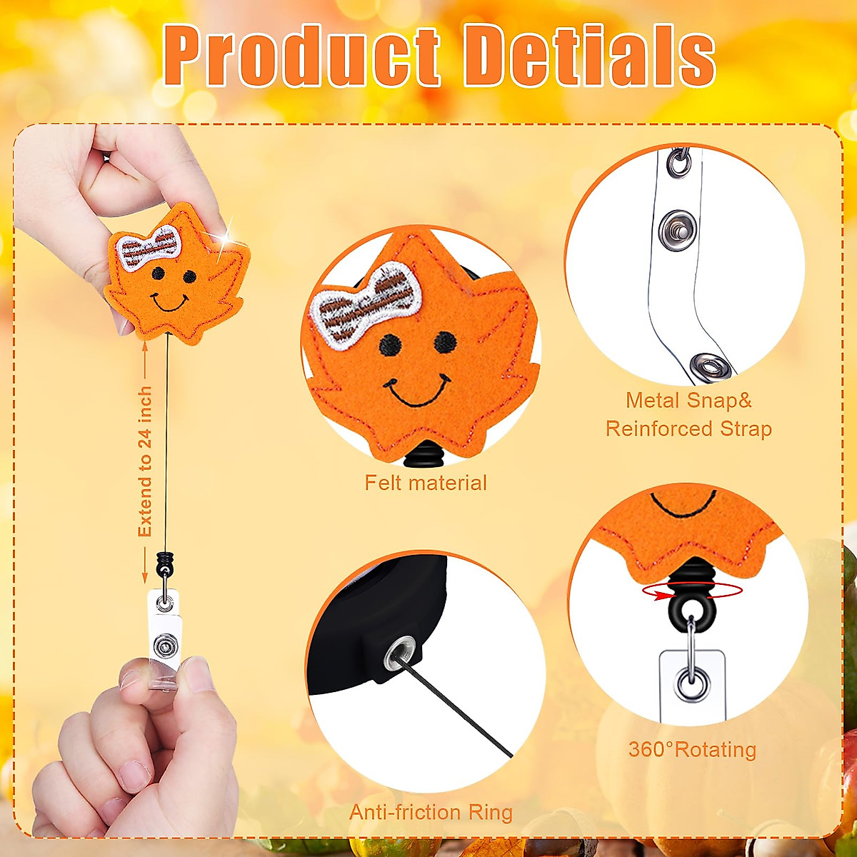 Tinlade 24 Pcs Thanksgiving Badge Reel Retractable Thanksgiving Pumpkin Badge Holders Cute Nurse Badge Reel Holiday Badge Holder with Swivel Clip ID Holder for Nurses, Doctor, Student Teacher Office