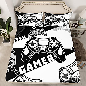 Erosebridal Gamer Fitted Sheet for Boys Girls Kids Teens,Video Game Bedding Set Twin Size,Gaming Bed Sheets Gamer Room Decor,White Black Gamepad Controller Bed Set with 1 Pillowcase