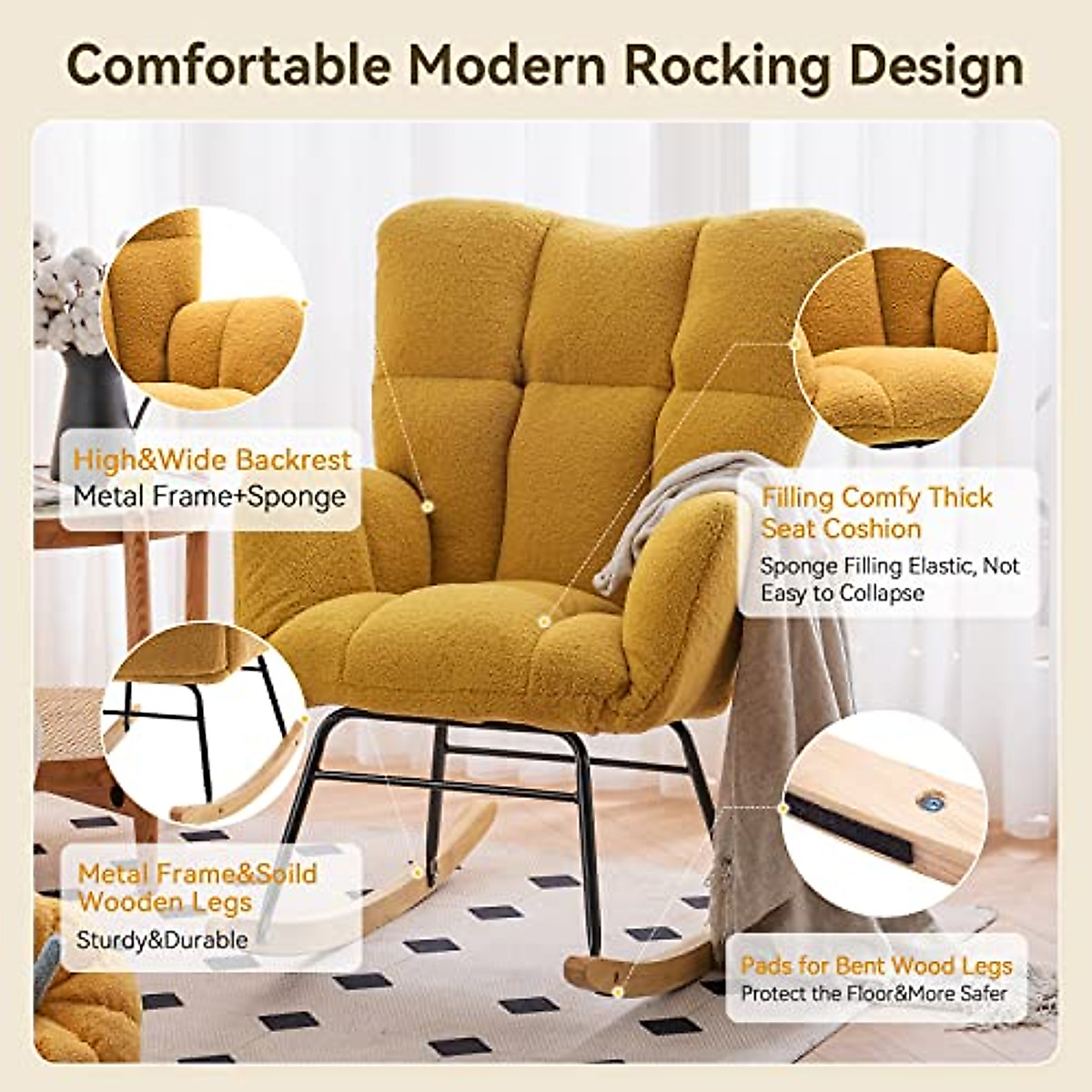 Nursery Rocking Chair Teddy Fabric Padded Seat with High Backrest and Armrest Accent Chair Upholstered Armchair Single Sofa Accent Glider Rocker for Living Room Bedroom Offices (Yellow Teddy)
