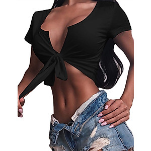 BORIFLORS Women's Sexy Tie Up Crop Top Short Sleeve Deep V Neck Casual Basic T Shirt,Medium,Black