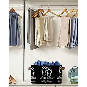 Storage Basket Black Flip Flops Large Foldable Storage Bins with Handles Life Is Better In Flip Flops Waterproof Fabric Laundry Baskets for Organizing Shelves Closet Toy Gifts Bedroom Home Decor