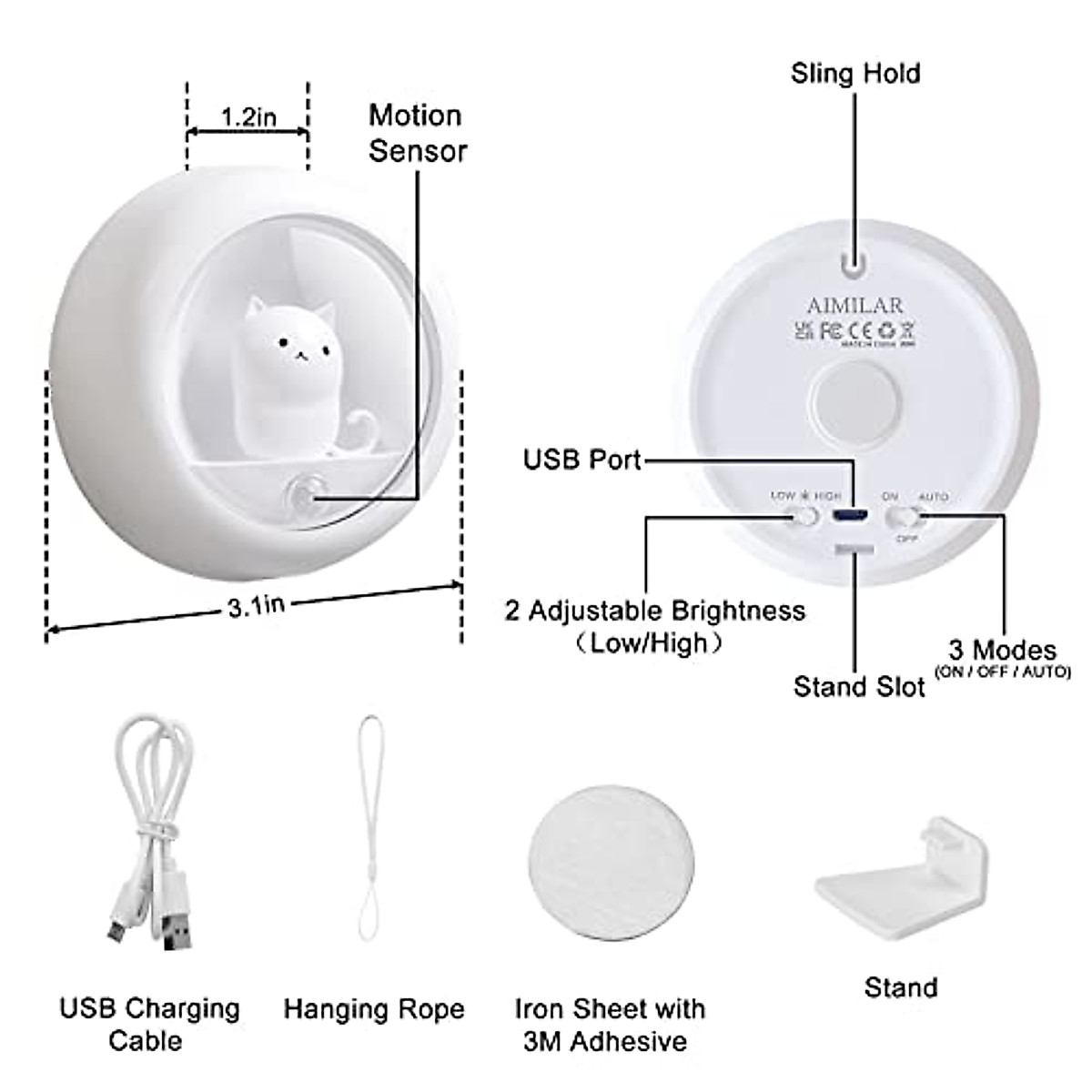 AIMILAR Cat Night Light - Motion Sensor, Rechargeable & Magnetic | Perfect Cat Gifts for Cat Lovers | Adjustable Brightness & 3 Mounting Options | Ideal Kids Night Lights for Bedroom or Bathroom