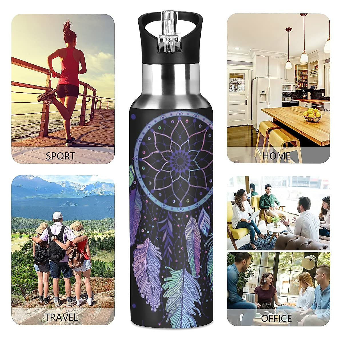 Yasala Water Bottle Dream Catcher Purple Feather Coffee Thermos Stainless Steel Insulated Beverage Container 20 oz with Straw Lid BPA-Free for Sport, Travel, Camping, Back to School