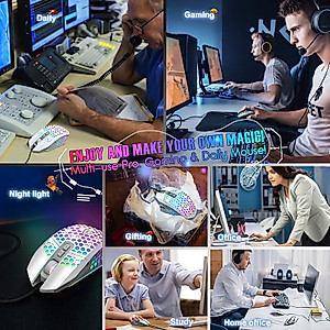 RICESTKCN Gaming Mouse PC Gaming Mice - Honeycomb Mouse Gamer RGB Gamingmouse Wired Ergonomic 6 Levels up to 8000 DPI 7 Programmable Buttons 7 Backlight Modes for PC Laptop Mac Windows Vista (White)