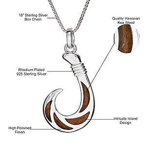 925 Sterling Silver Hawaiian Koa Wood Tree Inlay Fish Hook Necklace Pendant with 18" Box Chain, Nickle Free Hypoallergenic for Sensitive Skin, Gift Box Included (Koa Wood - Moana)