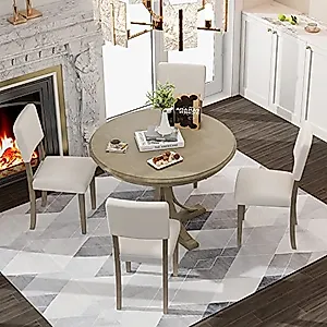 Dinehome 5-Piece Wooden Round Kitchen Dining Table Set with Curved Trestle Style Legs and 4 Upholstered Chairs, Taupe