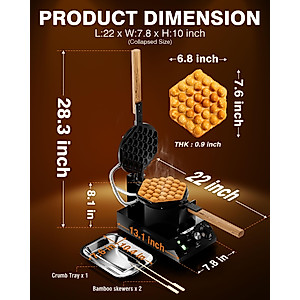PYY Bubble Waffle Maker - Commercial Egg Puff Waffle Iron Machine, 1500W 122-482℉ Electric Stainless Steel Hong Kong, 30 Egg Cones | 180° Rotating| Black Non-stick Coating | Crumb Tray | Wooden Handle