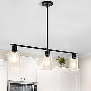 KMaiPem Kitchen Island Lighting, 3 Lights Black Linear Chandelier with Glass Shade, Industrial Kitchen Pendant Lighting over Island, Modern Chandelier for Dining Living Room Bar Pool Table Light