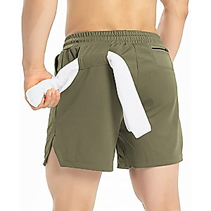 KLINNFENR Mens Gym Running Shorts Quick Dry 5 inch Inseam Athletic Workout Training Shorts with Reflective Zipper Pockets Towel Loop,Army Green S