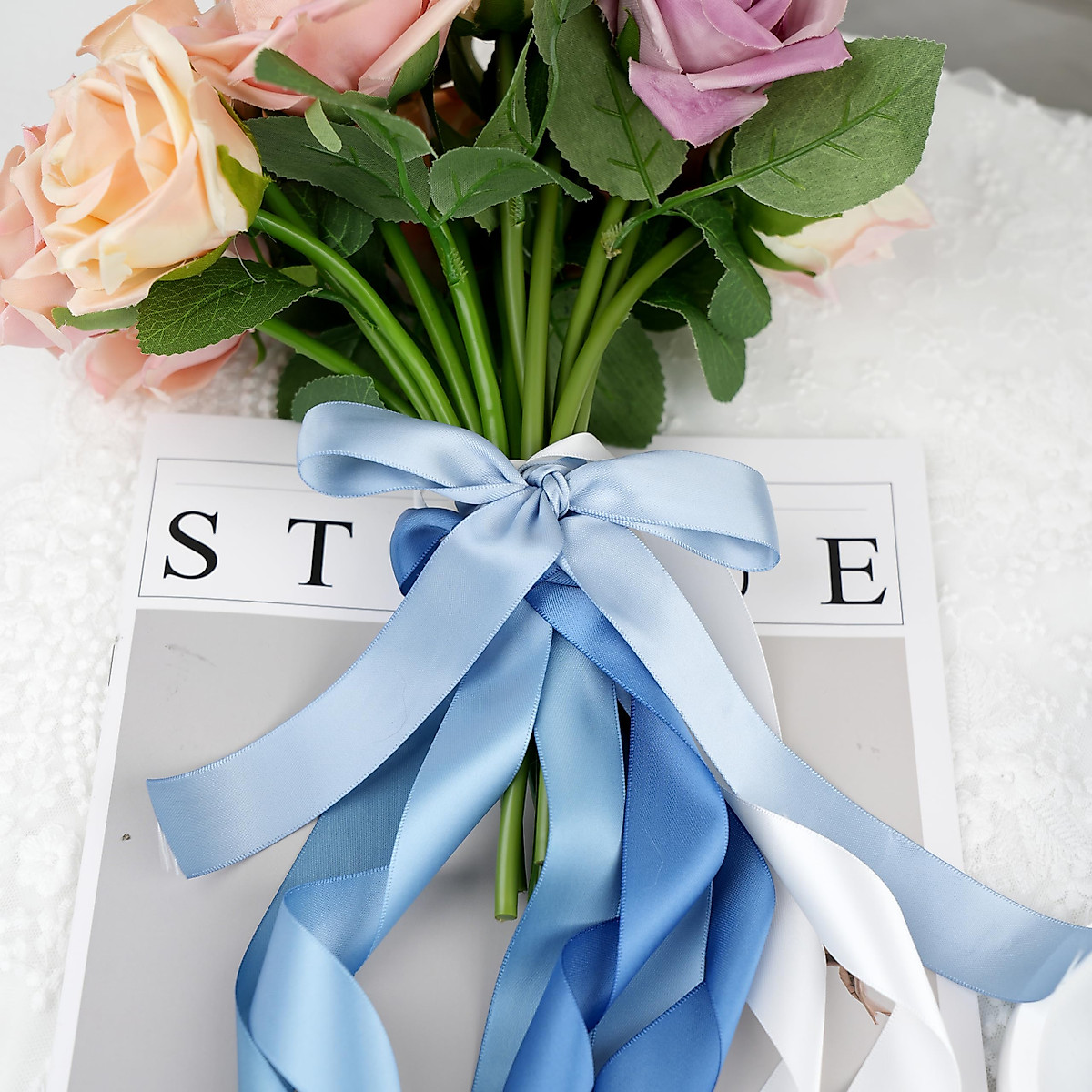 DINDOSAL Dusty Blue Ribbon 1 Inch Satin Ribbon 5 Rolls Assortment French Blue Ribbon for Wedding Silk Antique Blue Ribbon for Baby Shower Ribbon for Gift Wrapping Hair Bows Crafts Bouquet - 50Yards