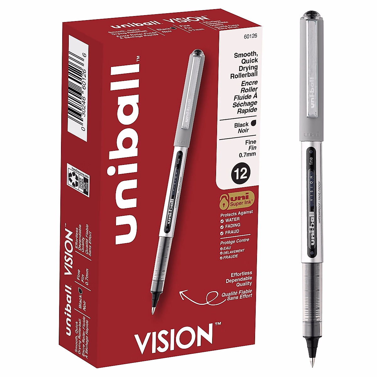 uni-ball Vision Rollerball Pens Fine Point, 0.7mm, Black, 12 Pack
