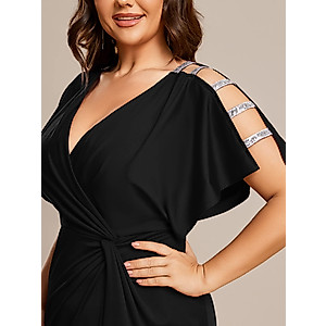 Ever-Pretty Plus Women's V Neck High Slit Hollow Out Sequin Sleeve Mermaid Plus Size Formal Party Dress Black US18