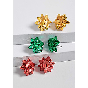 VK Accessories 3 Pair Bow Studs Christmas Girls Earrings 3 Color(Green, Golden, Red)