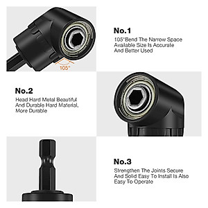 Fruholt Flexible Drill Bit Extension Set, 105° Right Angle Drill Attachmen, Rotatable Joint Socket 1/4 3/8 1/2 In Hex Socket Adapter Sets for Power Drill & Driver, Cordless Drill & Screwdriver (Black)