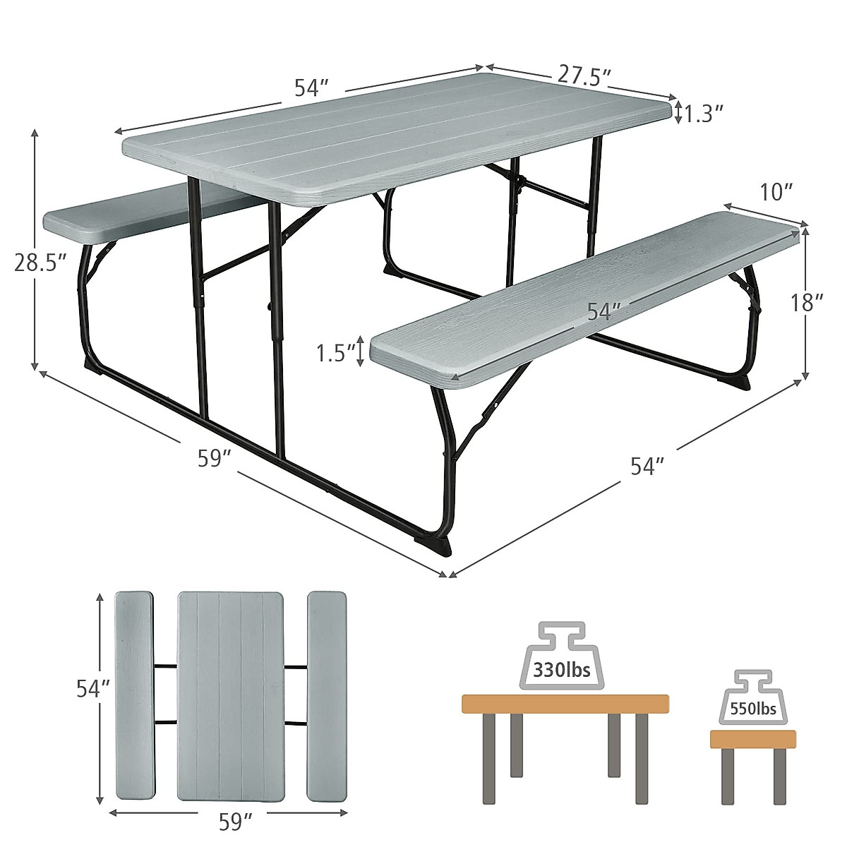 S AFSTAR Folding Picnic Table Bench Set, Foldable Picnic Table with 2 Benches, Outdoor Table and Bench W/Steel Frame & Wood-Like Texture Tabletop, Camping Table Chair Set for Garden Patio Lawn (Black)