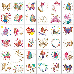 PapaKit Butterflies & Fairies 36 Temporary Fake Tattoo Set, 18 Individually Wrapped Sheets | Kids Girls & Boys Birthday Party Favor Gift Supply, Non-Toxic Safe Removable