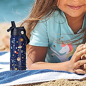 HOMMBENM Kids Space Water Bottles With Straw Lids Stainless Steel Vacuum Insulated Double WallWide Mouth Water Bottles for School Boys，Girls （Space,16oz）