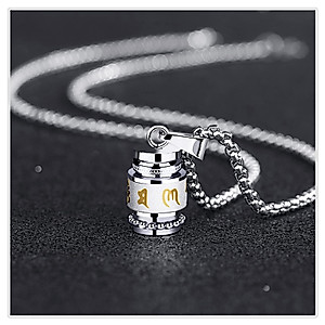 Mgutillart Fashion Titanium Steel Buddhist Prayer Wheel Pendant Prayer Locket Necklace(White Gold)