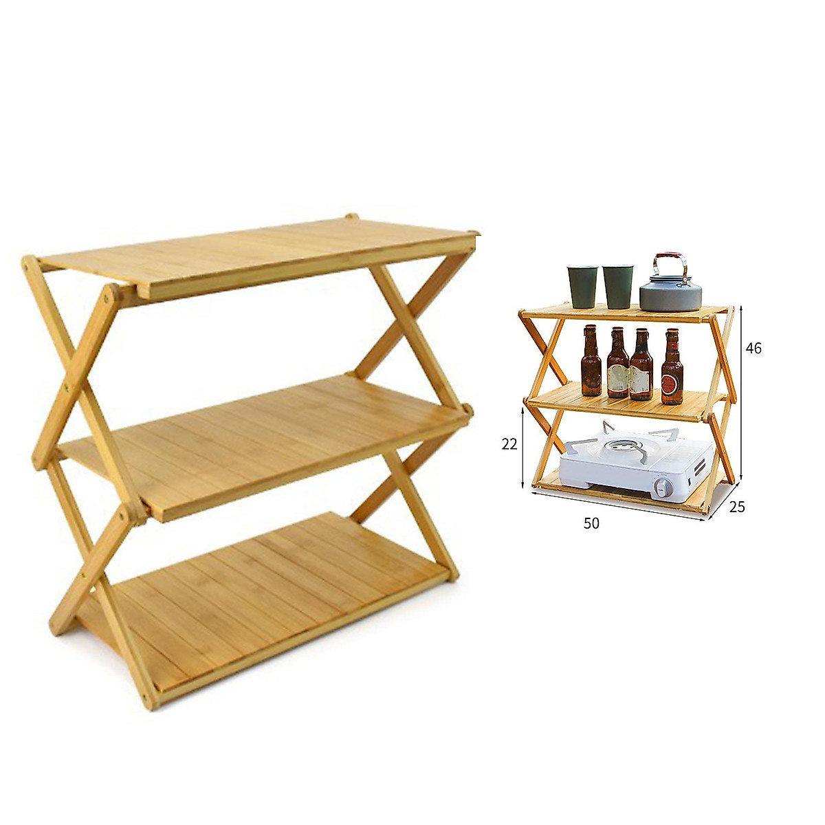 Folding Storage Rack, Powerful Load Bearing Large Storage Space Multi Layer Wooden Foldable Shelf Smooth for Outdoor Camping (3 Layers)