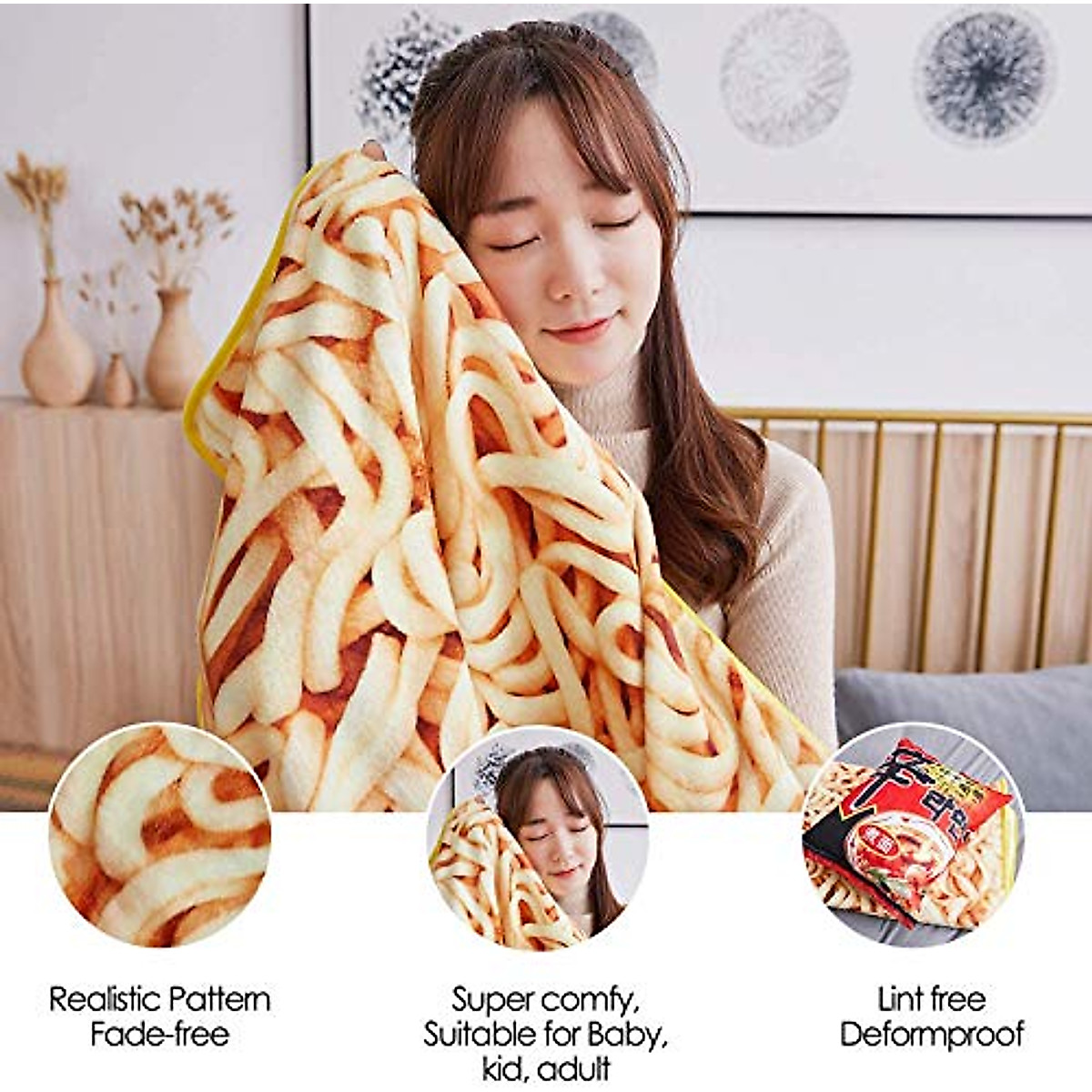 Soft Blanket Throw Kawaii Pillow Simulation Instant Noodles Shape Pillow Funny Realistic Food Round Blanket Throw Blanket for Adults&Kids