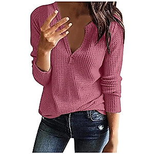Womens V Neck Shirts Long Sleeve Waffle Knit Loose Fitting Warm Tee Tops Casual Solid Color Pullover Blouse Wine
